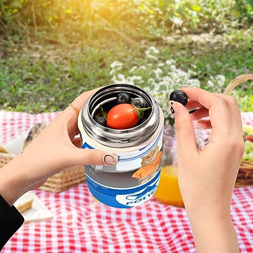 CUPADA Police Cats Funny Food Jar, 3d Cute Kitten Insulated Hot Food Jars Vacuum 17OZ with Folding Spoon for Work Trip Picnic Camping
