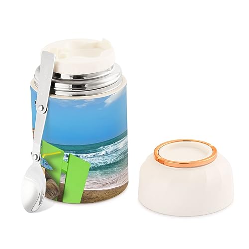 CUPADA Beach Cat Unicorn Food Jar, Tropical Palm Tree Insulated Hot Food Jars Vacuum 17OZ with Folding Spoon for Work Trip Picnic Camping