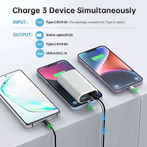 Portable Charger 10800mAh for iPhone,Small & Ultra-Compact 15W PD Fast Charging Power Bank ,LCD Display Battery Pack with Built-in-Cable Compatible with iPhone 14/14 Pro Max/13/12/X/XR/XS/8/7/6-White