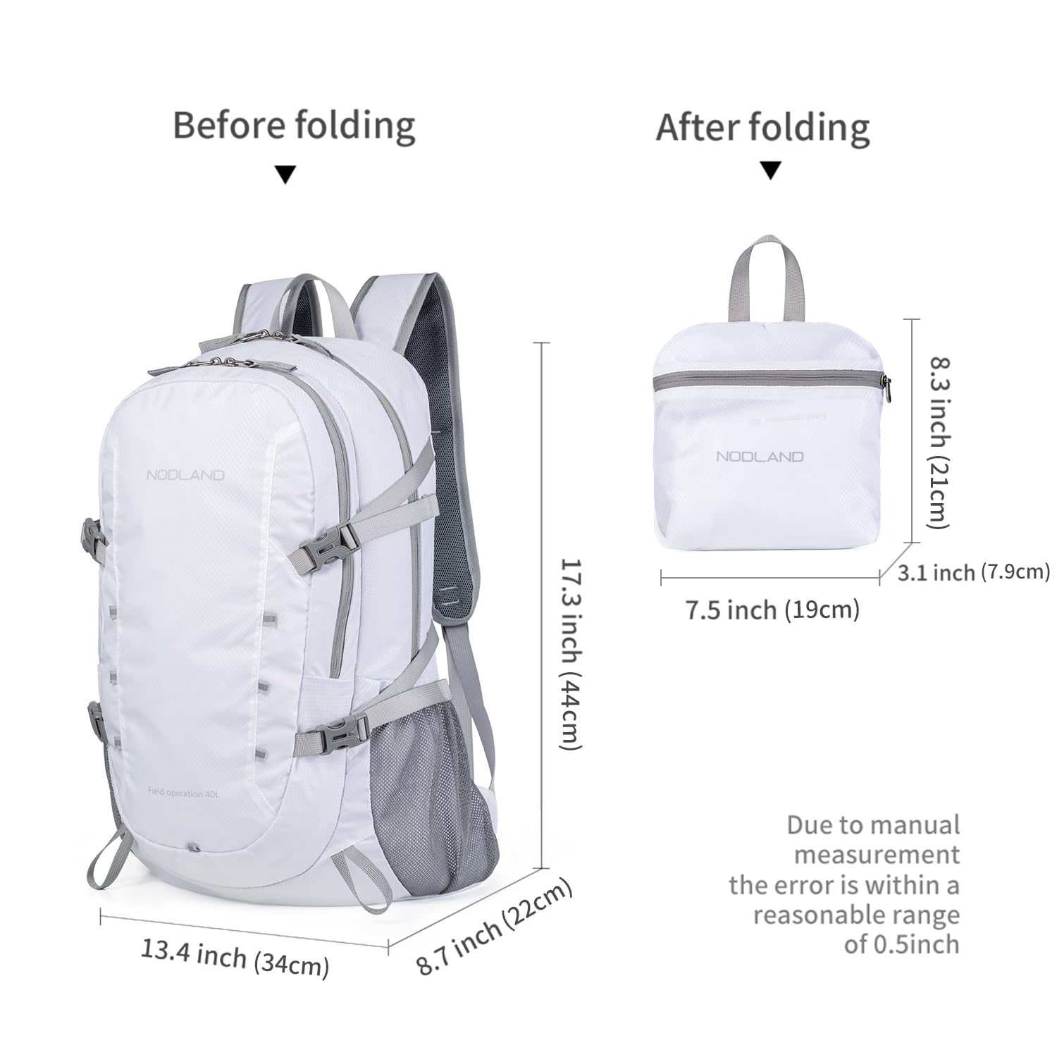 Sharkborough NODLAND Lightweight Backpack, Travel 40L Foldable Water-Resistant Daypack, Hiking Outdoor Camping Rucksack for Men Women