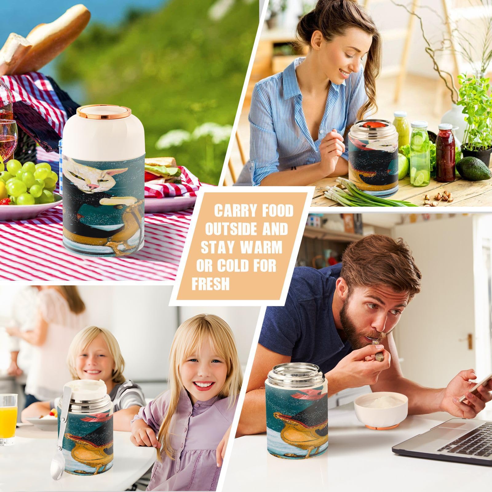 CUPADA Sled Funyy Cat Food Jar, Cute Pets White Insulated Hot Food Jars Vacuum 17OZ with Folding Spoon for Work Trip Picnic Camping
