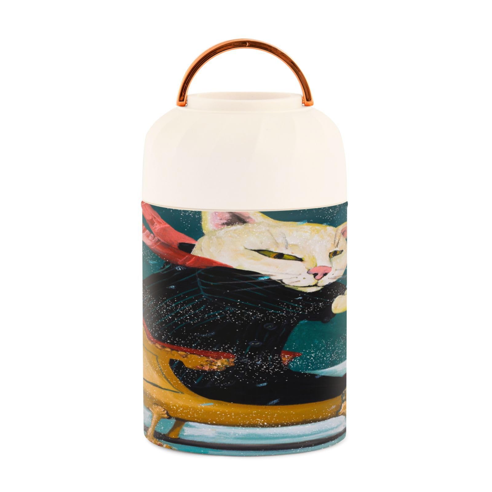 CUPADA Sled Funyy Cat Food Jar, Cute Pets White Insulated Hot Food Jars Vacuum 17OZ with Folding Spoon for Work Trip Picnic Camping