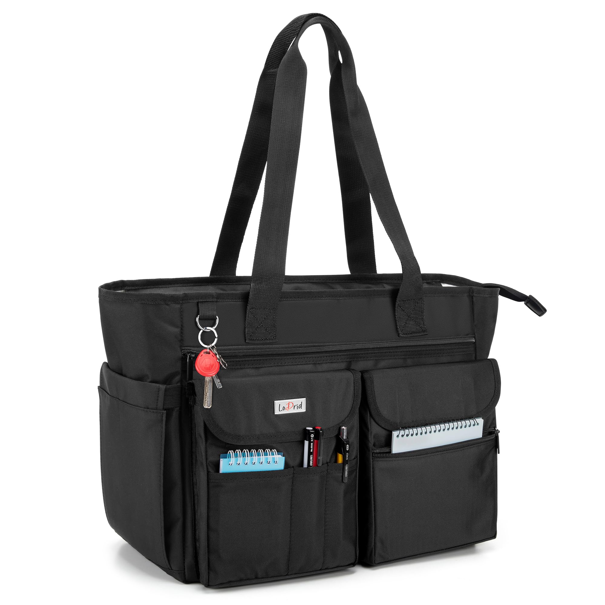 LoDrid Teacher Tote Bag with Bottom Pad, with Separated Storage Laptop Layer (up to 15.6 Inch), Teacher Carry Bag with Large Compartment, Teacher Bags and Totes for Women, Black