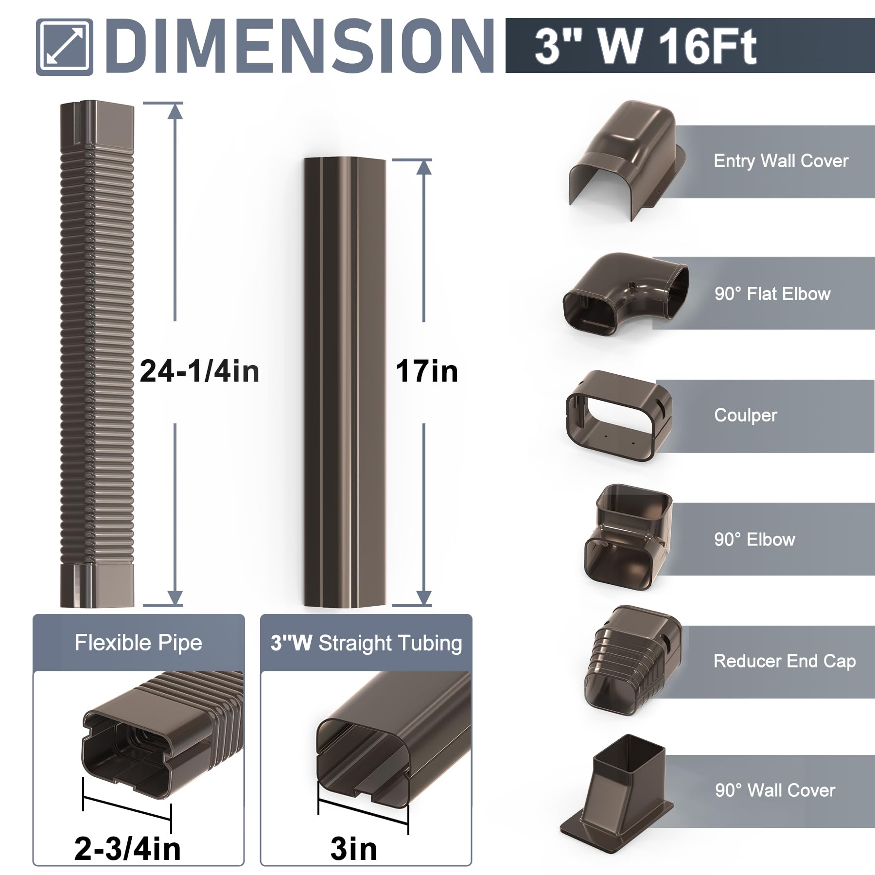 Flamorrow 3" 16Ft Brown AC Line Set Cover Kit, Decorative PVC Tubing Cover Kit for Ductless Mini Split Air Conditioner, Central AC and Heat Pump System