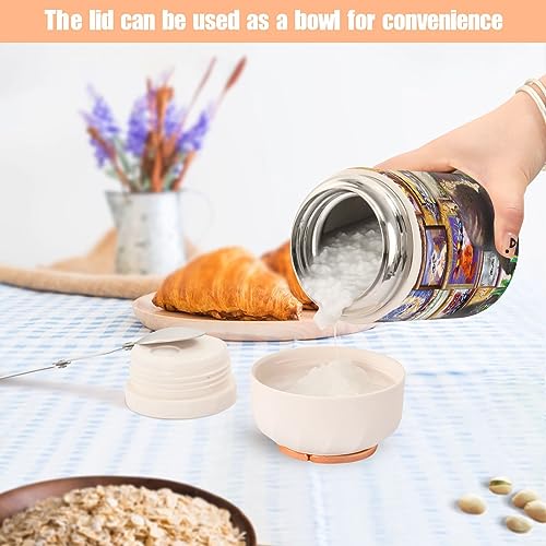 CUPADA Cats Eyes Funny Food Jar, Oil Painting Cute Insulated Hot Food Jars Vacuum 17OZ with Folding Spoon for Work Trip Picnic Camping