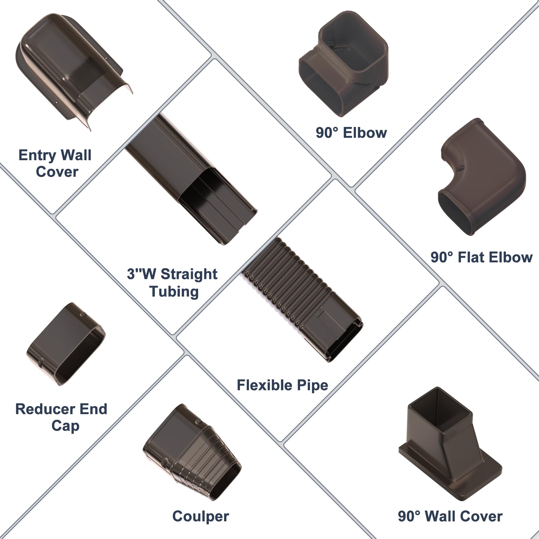 Flamorrow 3" 16Ft Brown AC Line Set Cover Kit, Decorative PVC Tubing Cover Kit for Ductless Mini Split Air Conditioner, Central AC and Heat Pump System