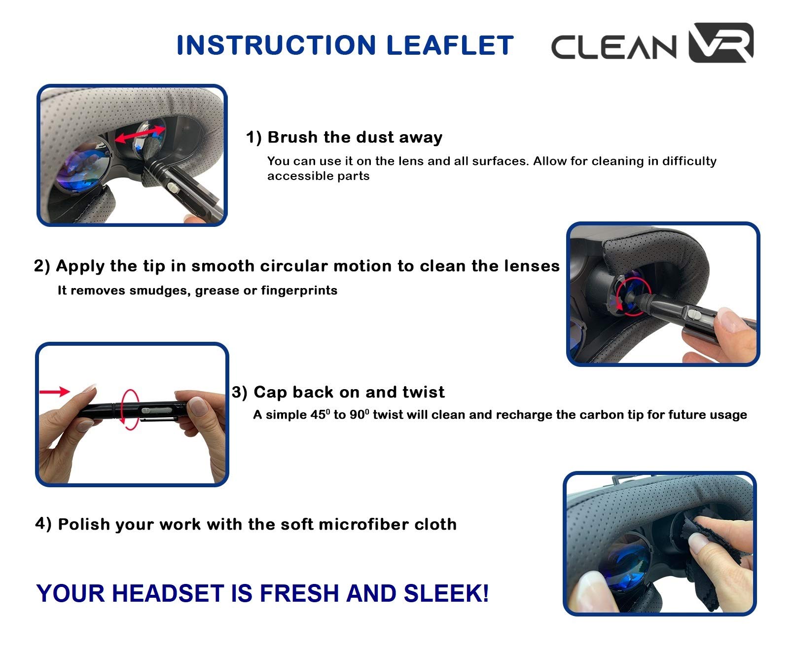 Clean VR Kit for Cleaning Virtual Reality Accessories Compatible with Meta Quest 3 Oculus Quest 2 Vision Pro, Optical Lens Dust | Lens Cleaning Pen + 2 Microfiber Cloths