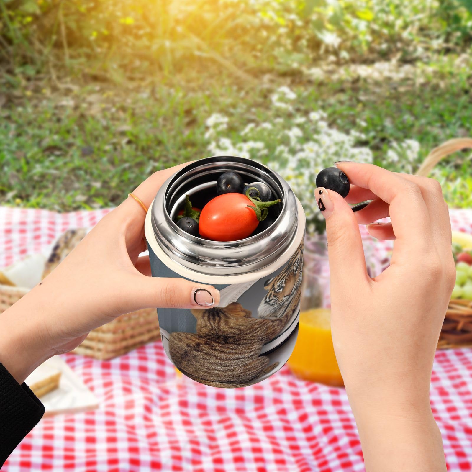 CUPADA Biege Cat Tiger Food Jar, Cute Animals Crown Insulated Hot Food Jars Vacuum 17OZ with Folding Spoon for Work Trip Picnic Camping