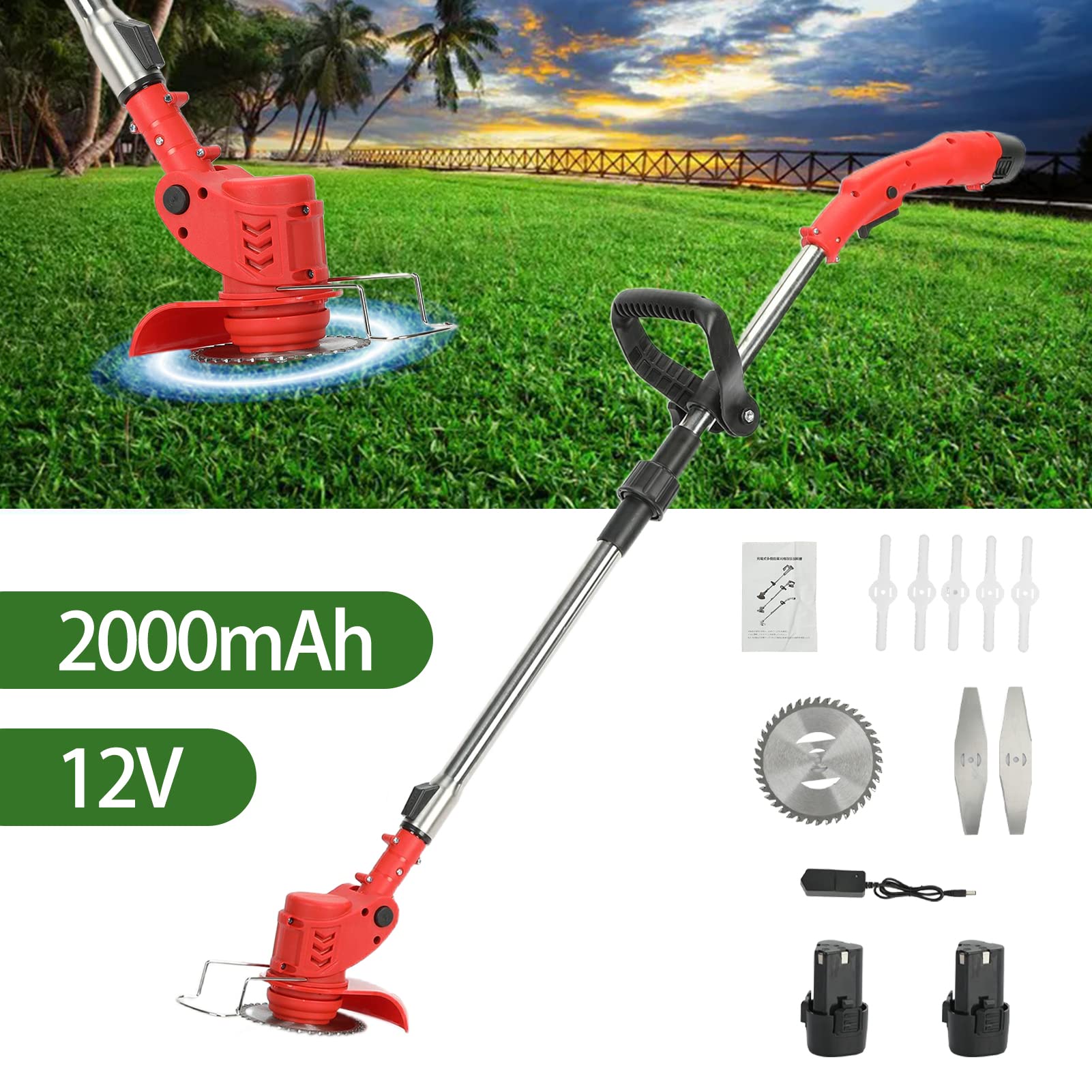 HEVIRGO 12V 2000mAh Cordless Grass String Trimmer with 2 Batteries Charger, Telescopic Electric Grass Trimmer Weed Eater Lawn Mower, Garden Brush Cutter Ship from USA Fast Arrival