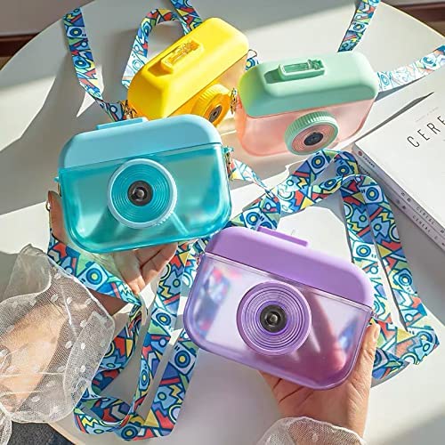 JQWSVE Kawaii Water Bottle with Straw, 400ml Cute Water Bottle BPA Free, Camera Shape Water Bottle with Adjustable Shoulder Strap for School Outdoor
