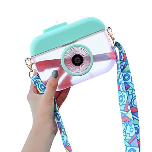 JQWSVE Kawaii Water Bottle with Straw, 400ml Cute Water Bottle BPA Free, Camera Shape Water Bottle with Adjustable Shoulder Strap for School Outdoor