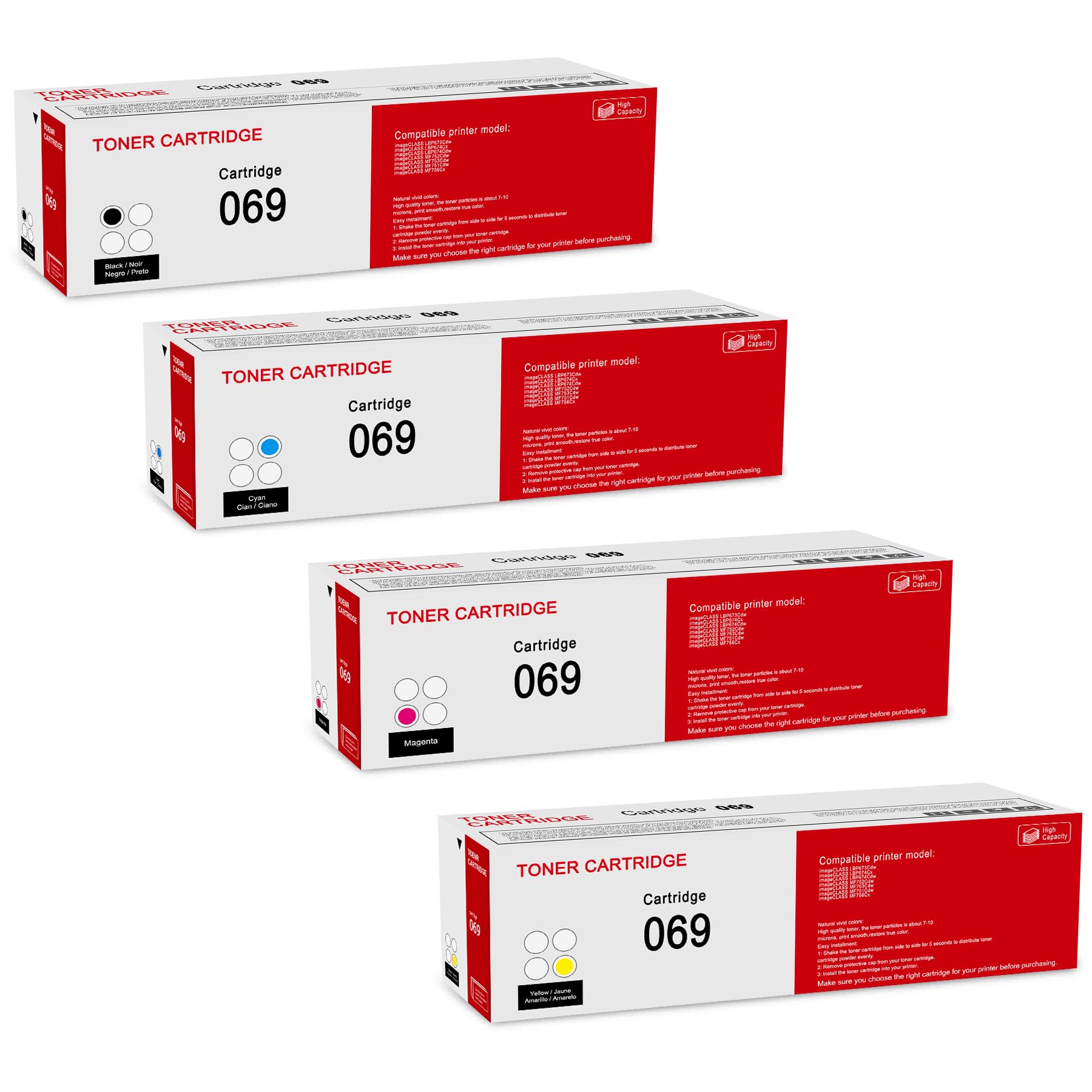 4 Pack 069 BK/C/M/Y Toner Cartridge Compatible 5094C001 5093C001 5091C001 5092C001 Toner Cartridge Replacement for Canon imageCLASS LBP673Cdw LBP674Cx LBP674Cdw MF752Cdw MF753Cdw Printer