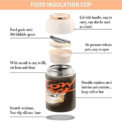 CUPADA Meow Attack Cartoon Food Jar, Cat Scratch Black Insulated Hot Food Jars Vacuum 17OZ with Folding Spoon for Work Trip Picnic Camping