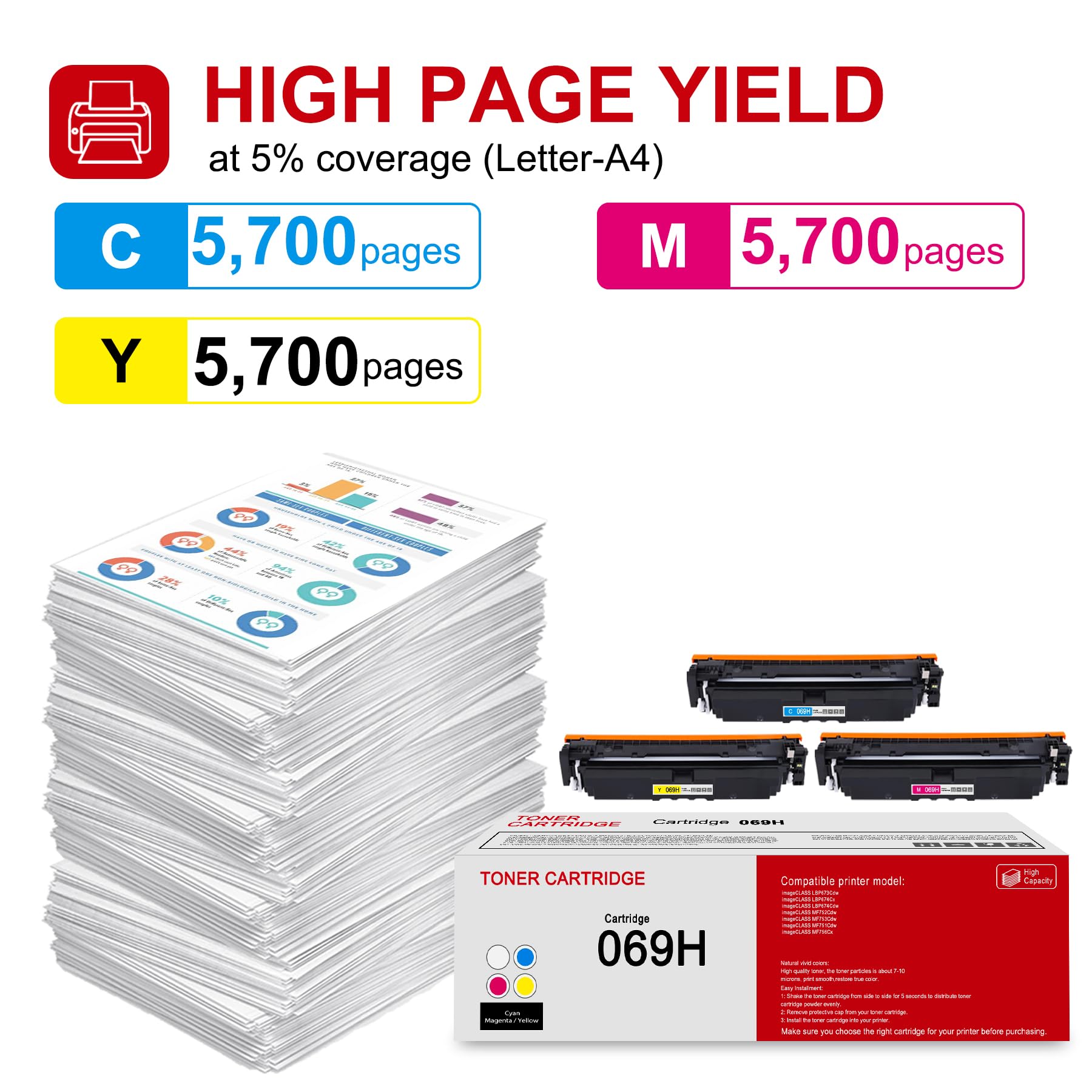 3 Pack 069H C/M/Y Toner Cartridge Compatible 5097C001 5095C001 5096C001 Toner Cartridge Replacement for Canon imageCLASS LBP673Cdw LBP674Cx LBP674Cdw MF752Cdw MF753Cdw MF751Cdw MF756Cx Printer