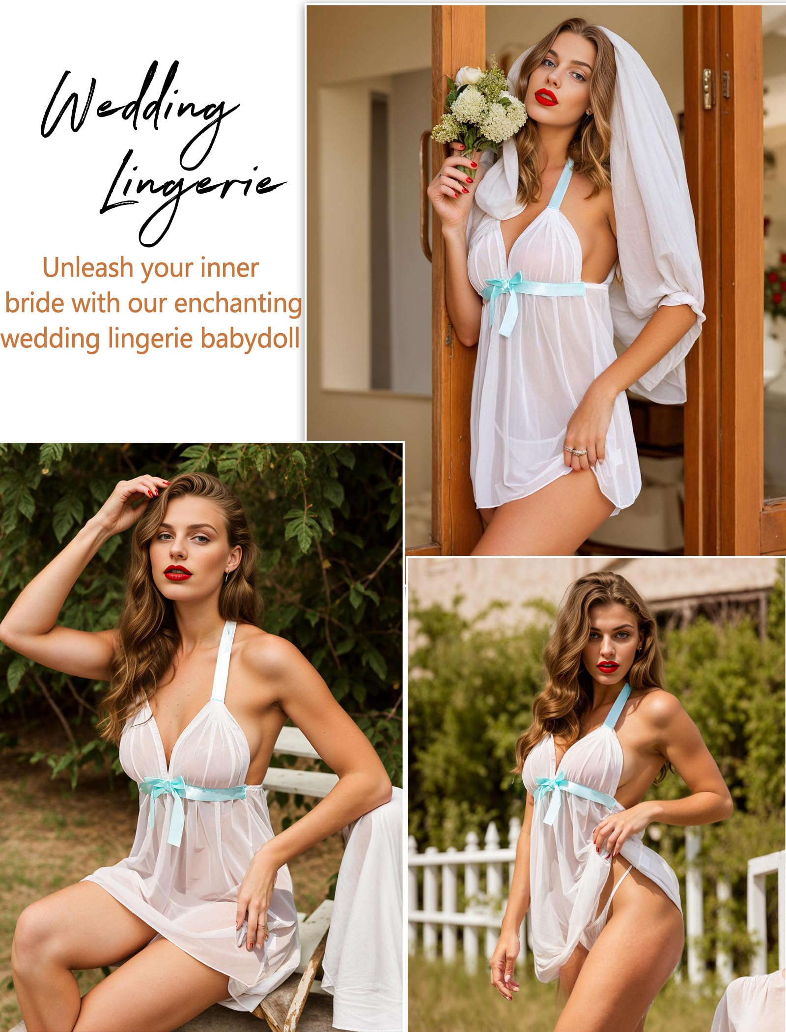 Avidlove Wedding Lingerie for Women Sheer Babydoll Lingerie Strap Chemise Halter Negligee White L