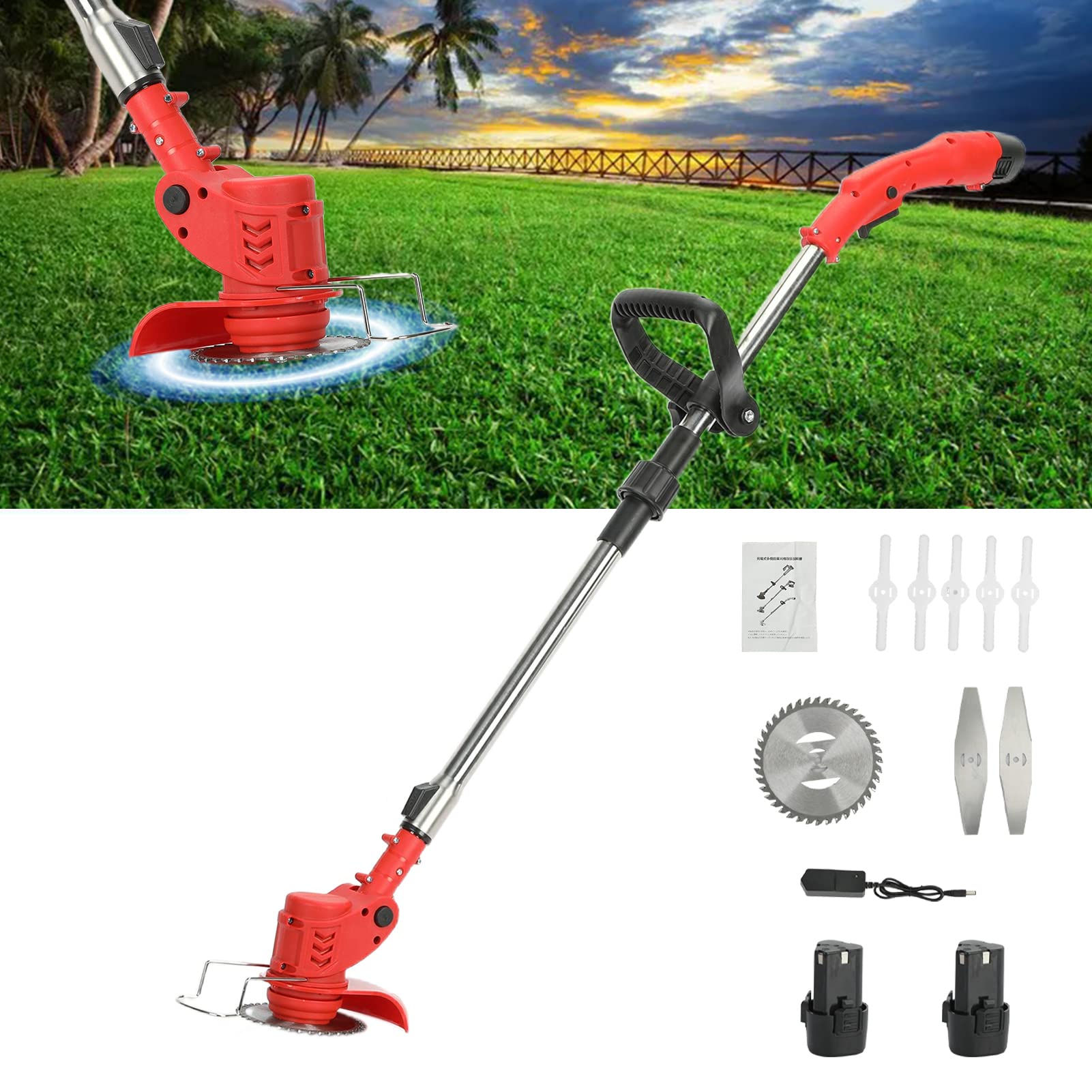 HEVIRGO 12V 2000mAh Cordless Grass String Trimmer with 2 Batteries Charger, Telescopic Electric Grass Trimmer Weed Eater Lawn Mower, Garden Brush Cutter Ship from USA Fast Arrival
