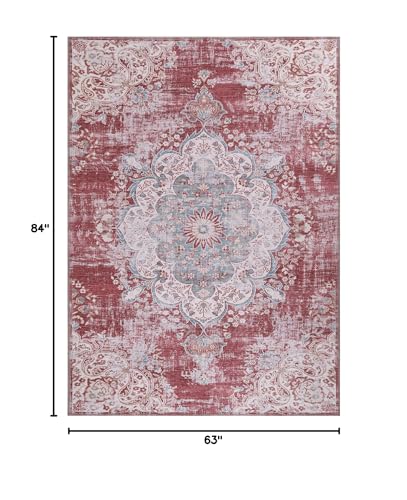 CAMILSON Printed Area Rugs with Ultra Thin Super Strong for Living Room Bedroom, Distressed Vintage Rug 5x7, Stain and Water Resistant, Bohemian Indoor Carpet (5 x 7, Rust Red)