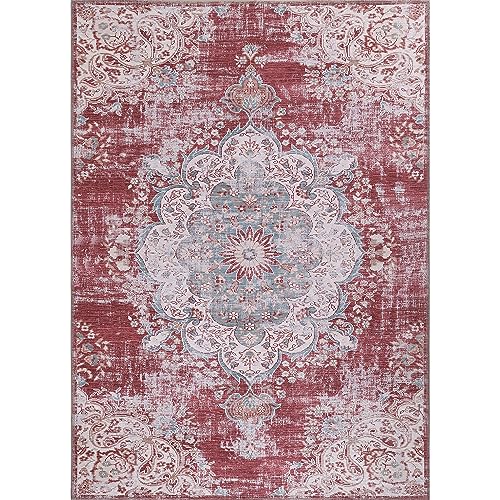 CAMILSON Printed Area Rugs with Ultra Thin Super Strong for Living Room Bedroom, Distressed Vintage Rug 5x7, Stain and Water Resistant, Bohemian Indoor Carpet (5 x 7, Rust Red)