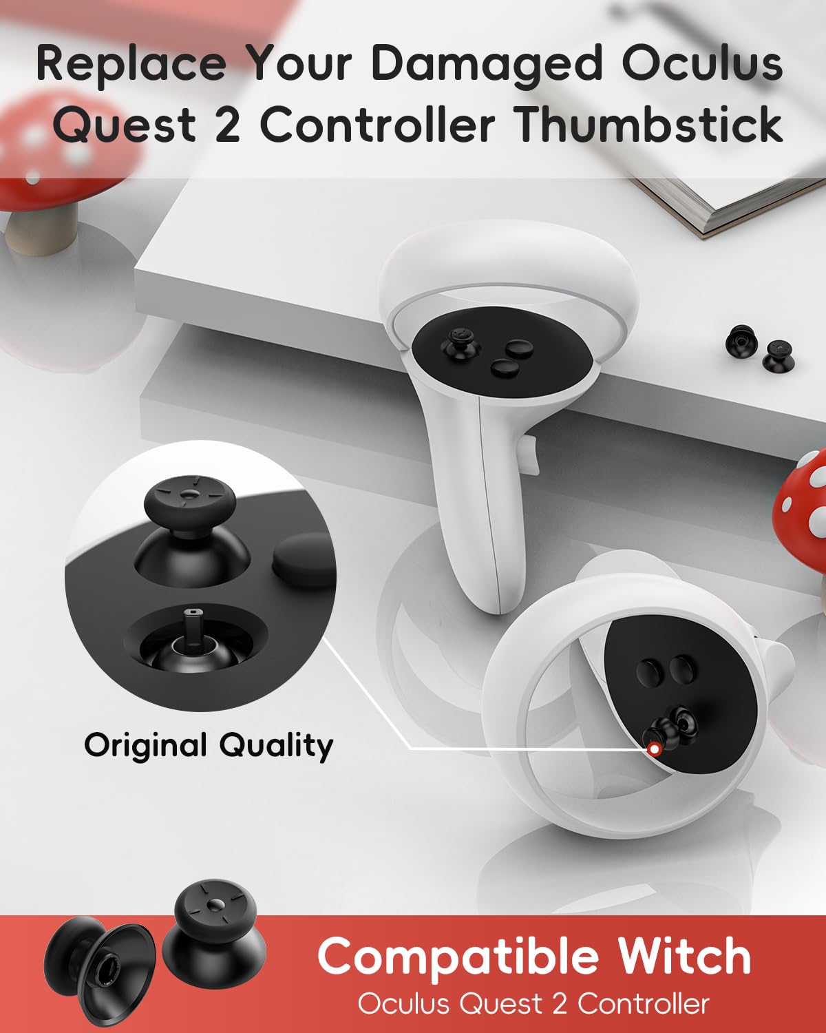 Thumbsticks Replacement for Oculus Quest 2 Controller/Meta Quest 3 Controller, for Oculus Quest 2 Controller Replacement Parts, Include 2 Thumbsticks, for Oculus Quest 3 Controller (Black-2-in-1)