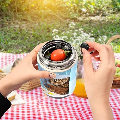 CUPADA Funny Cat Kitten Food Jar, Yellow Rubber Duck Insulated Hot Food Jars Vacuum 17OZ with Folding Spoon for Work Trip Picnic Camping