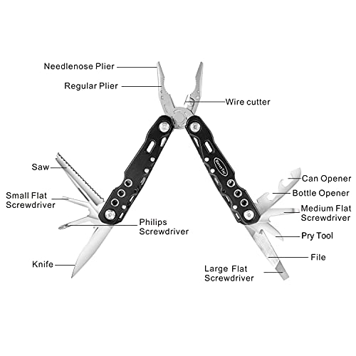 RoverTac Multitool Pliers Pocket Knife Camping Tool Gifts for Men 14 in 1 Multi Tool with Safety Lock Screwdrivers Saw Bottle Opener Durable Sheath Perfect for Camping Survival Hiking Simple Repairs