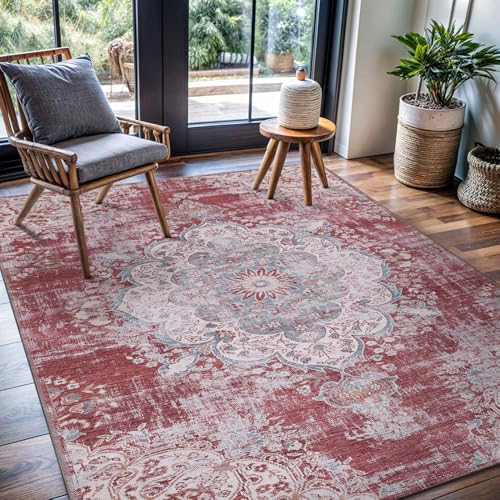 CAMILSON Printed Area Rugs with Ultra Thin Super Strong for Living Room Bedroom, Distressed Vintage Rug 5x7, Stain and Water Resistant, Bohemian Indoor Carpet (5 x 7, Rust Red)
