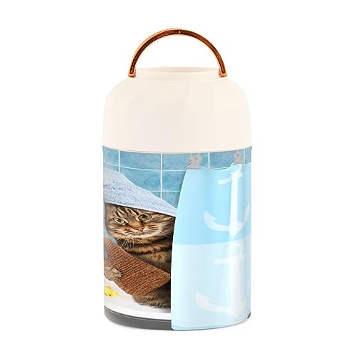 CUPADA Funny Cat Kitten Food Jar, Yellow Rubber Duck Insulated Hot Food Jars Vacuum 17OZ with Folding Spoon for Work Trip Picnic Camping