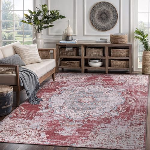 CAMILSON Printed Area Rugs with Ultra Thin Super Strong for Living Room Bedroom, Distressed Vintage Rug 5x7, Stain and Water Resistant, Bohemian Indoor Carpet (5 x 7, Rust Red)
