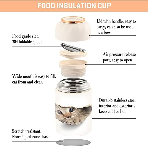 CUPADA Cat Torn Paper Food Jar, Funny 3d Insulated Hot Food Jars Vacuum 17OZ with Folding Spoon for Work Trip Picnic Camping