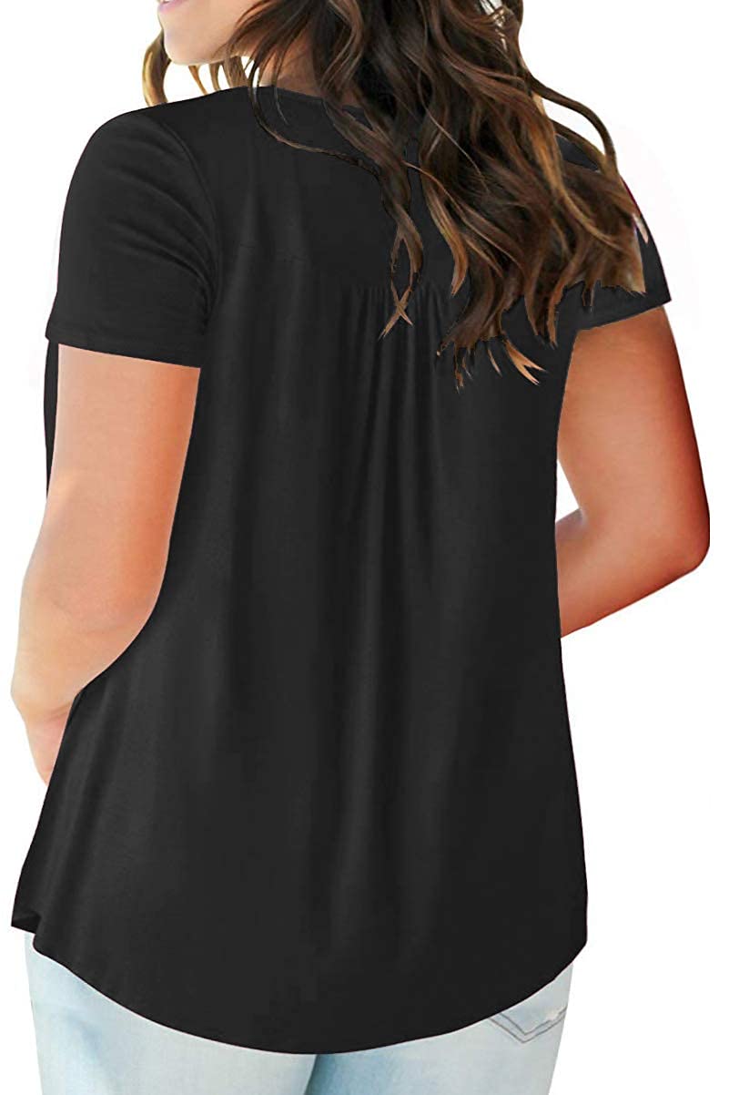 VISLILY Women's Plus Size V Neck Short Sleeve Henley Shirts Pleated Tunic Tops Black 20W