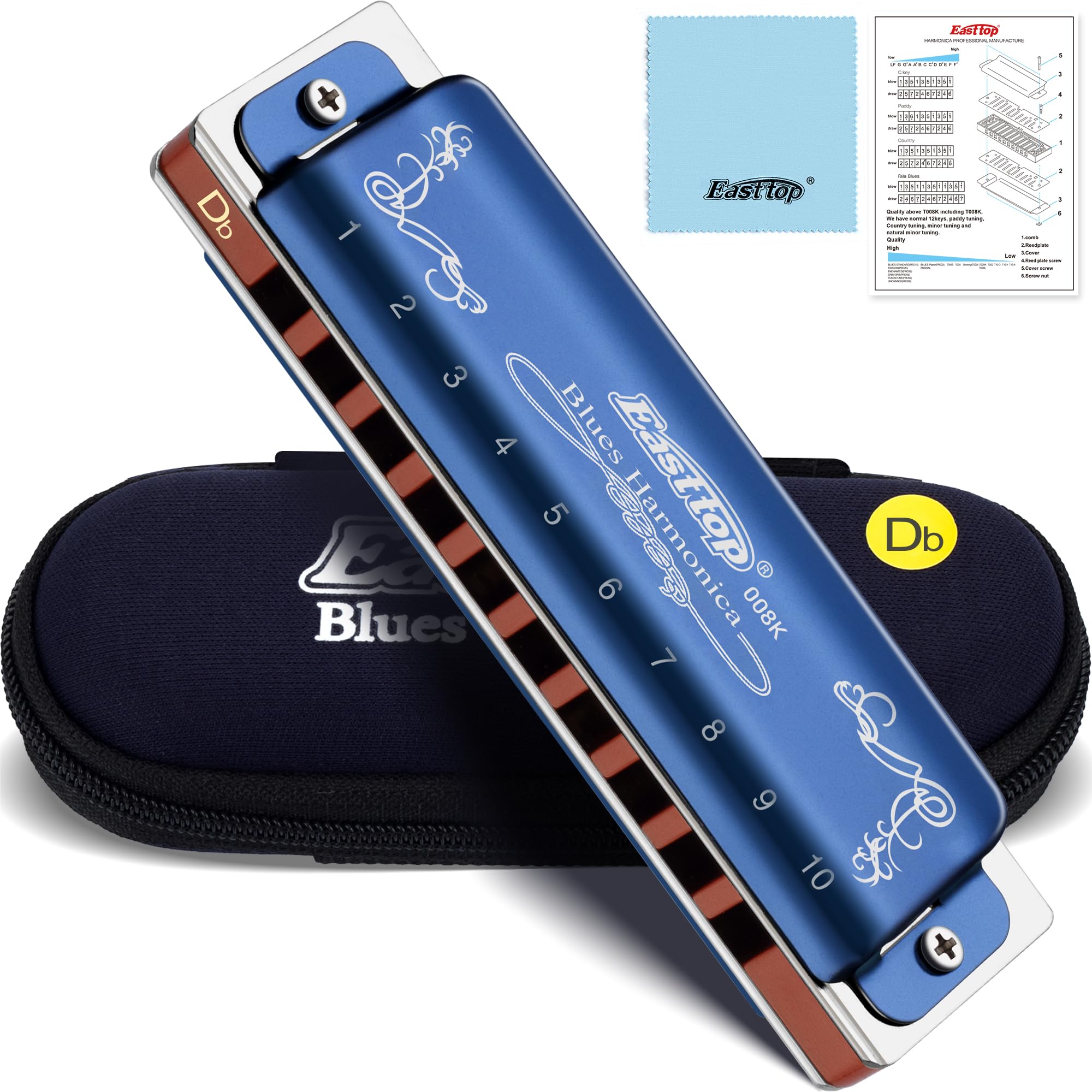 East top Diatonic Harmonica Key of Db, 10 Holes 20 Tones Diatonic Blues Harp Mouth Organ 008K Harmonica with Blue Case, Standard Harmonica For Adults, Professionals and Students