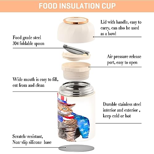 CUPADA Patriotic Cat Food Jar, 4th Of July Insulated Hot Food Jars Vacuum 17OZ with Folding Spoon for Work Trip Picnic Camping