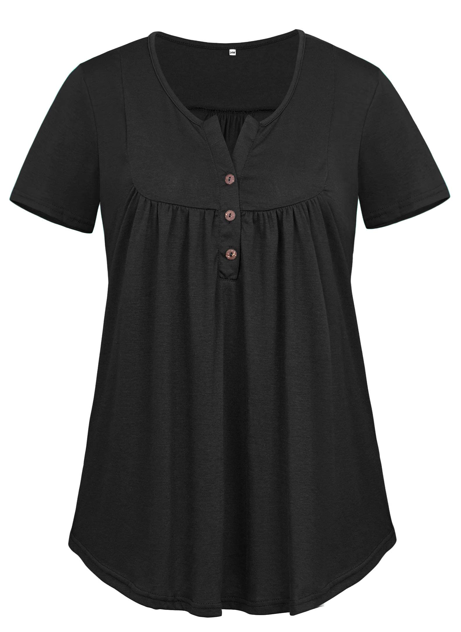 VISLILY Women's Plus Size V Neck Short Sleeve Henley Shirts Pleated Tunic Tops Black 20W