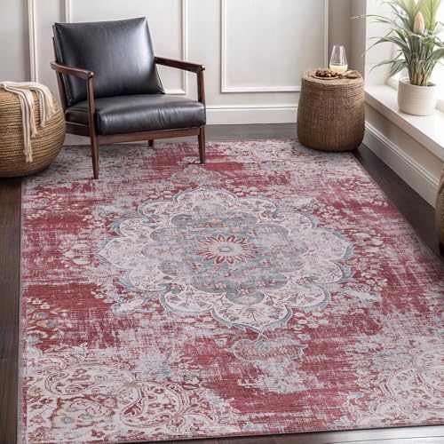 CAMILSON Printed Area Rugs with Ultra Thin Super Strong for Living Room Bedroom, Distressed Vintage Rug 5x7, Stain and Water Resistant, Bohemian Indoor Carpet (5 x 7, Rust Red)