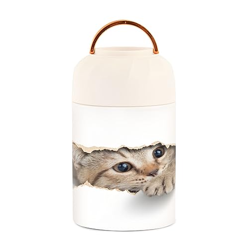 CUPADA Cat Torn Paper Food Jar, Funny 3d Insulated Hot Food Jars Vacuum 17OZ with Folding Spoon for Work Trip Picnic Camping