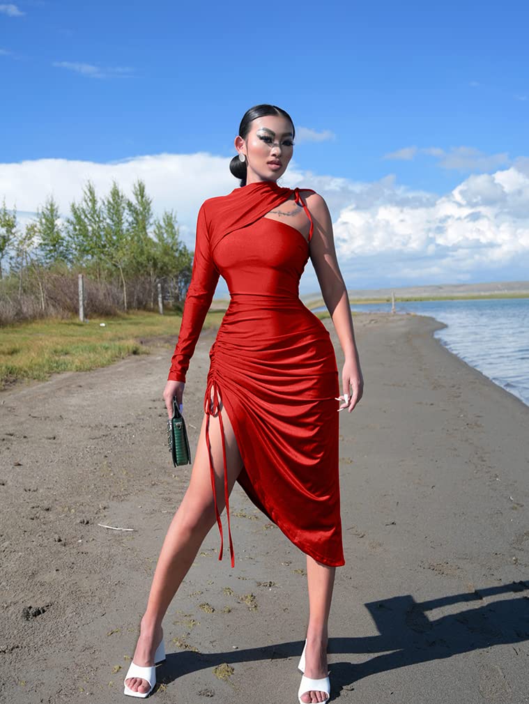 DAAWENXI Women's Sexy Bodycon One Shoulder Long Sleeve Drawstring Ruched Party Dress Red