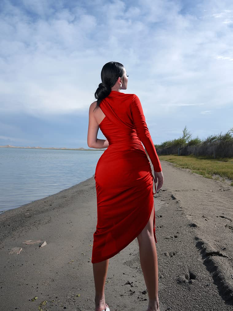 DAAWENXI Women's Sexy Bodycon One Shoulder Long Sleeve Drawstring Ruched Party Dress Red