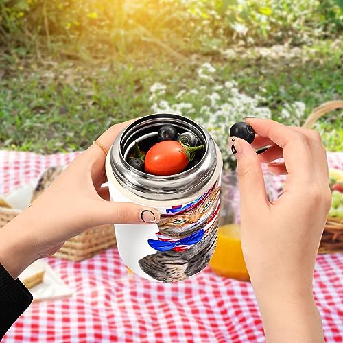 CUPADA Patriotic Cat Food Jar, 4th Of July Insulated Hot Food Jars Vacuum 17OZ with Folding Spoon for Work Trip Picnic Camping