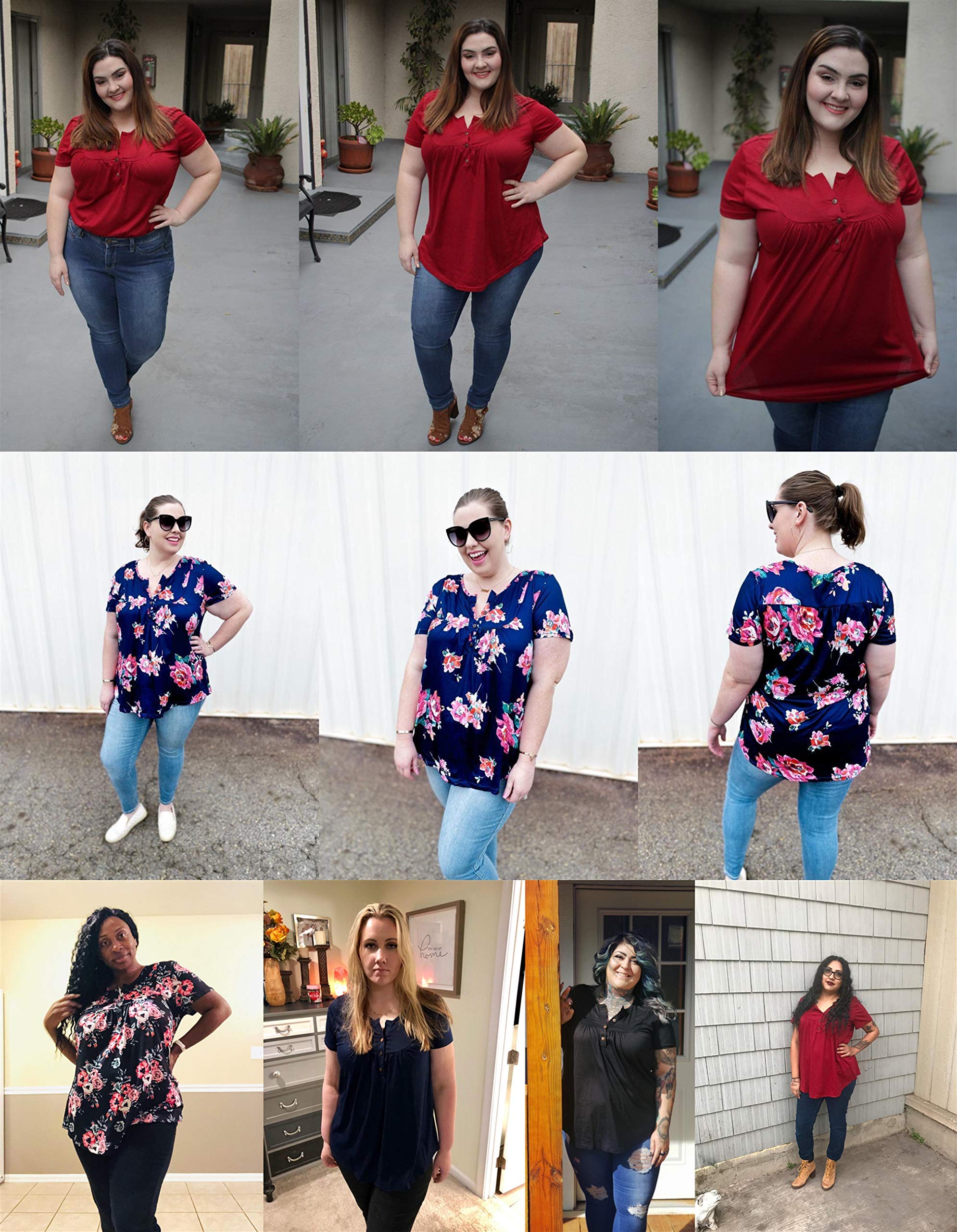 VISLILY Women's Plus Size V Neck Short Sleeve Henley Shirts Pleated Tunic Tops Black 20W