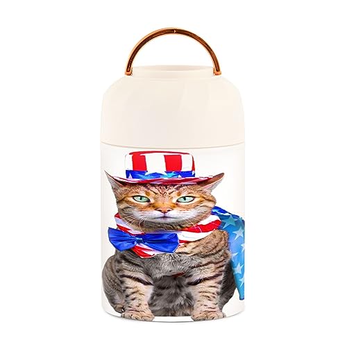CUPADA Patriotic Cat Food Jar, 4th Of July Insulated Hot Food Jars Vacuum 17OZ with Folding Spoon for Work Trip Picnic Camping