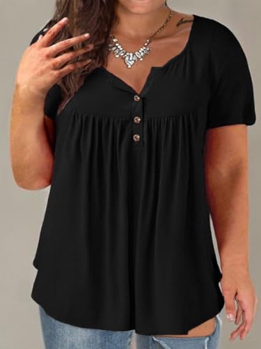VISLILY Women's Plus Size V Neck Short Sleeve Henley Shirts Pleated Tunic Tops Black 20W