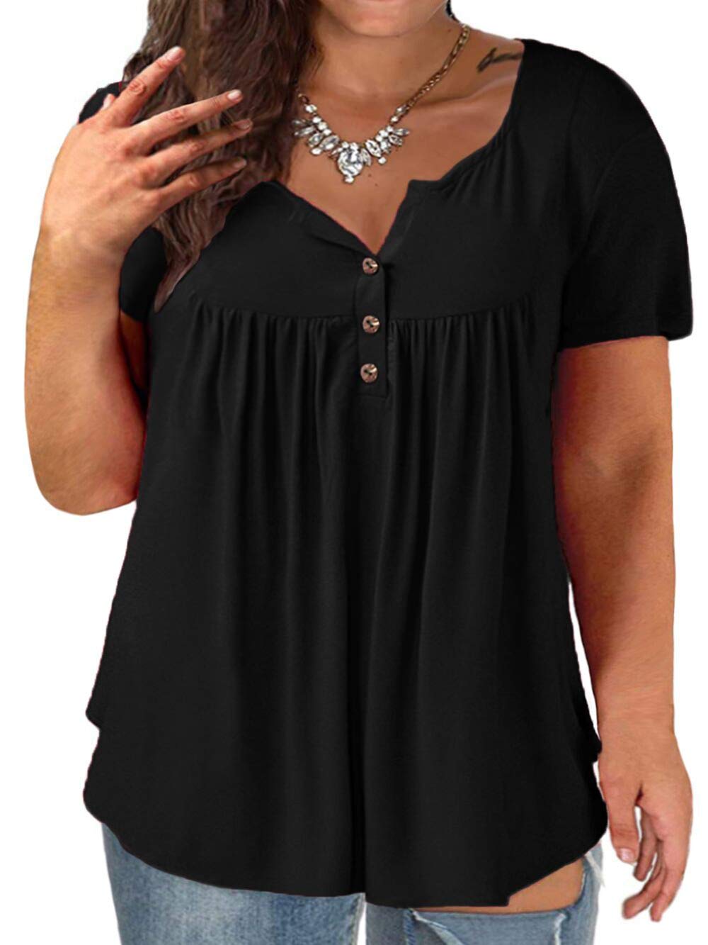 VISLILY Women's Plus Size V Neck Short Sleeve Henley Shirts Pleated Tunic Tops Black 20W