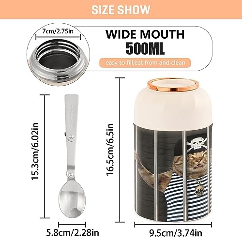 CUPADA Pirate Cat Funny Food Jar, Skull Cap Cute Insulated Hot Food Jars Vacuum 17OZ with Folding Spoon for Work Trip Picnic Camping