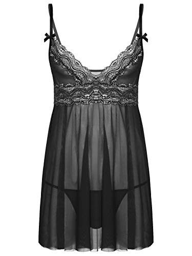 MSemis Sissy Babydoll Lingerie Nightie Dress Men Lace Sheer Tank Nightgown Crossress Nightdress Nightshirt Black X-Large
