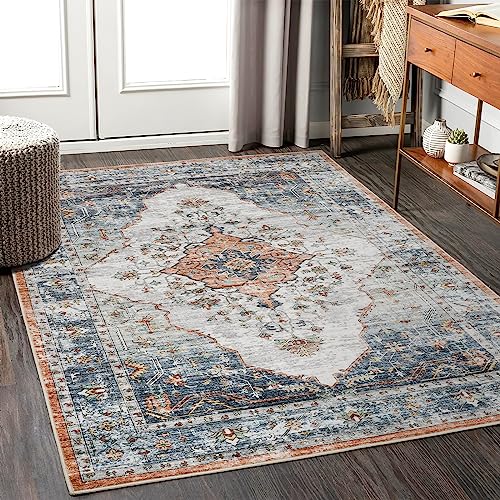 befbee 8x10 Area Rugs for Living Room, Non-Slip Soft Washable Large Area Rug,Stain Resistant Indoor Floor Rugs for Bedroom Home Decor Rug (Navy/Orange,8'x10')