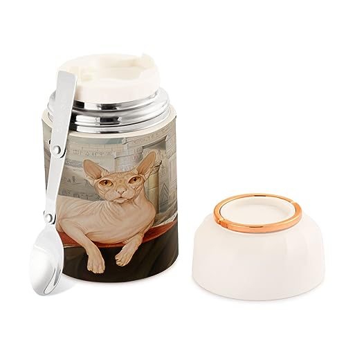 CUPADA Sphynx Kitten Cute Food Jar, Oil Painting Funny Insulated Hot Food Jars Vacuum 17OZ with Folding Spoon for Work Trip Picnic Camping