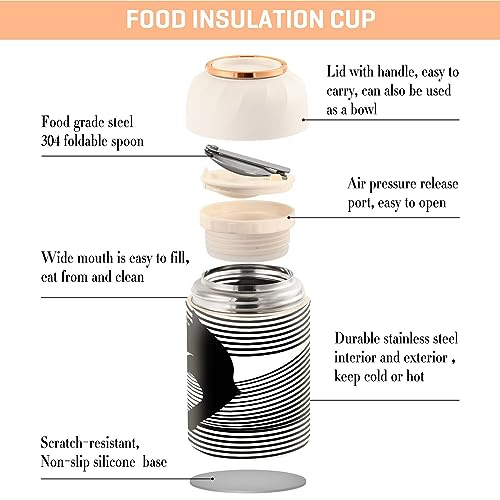 CUPADA Pop Art Cat Food Jar, Black White Stripe Insulated Hot Food Jars Vacuum 17OZ with Folding Spoon for Work Trip Picnic Camping