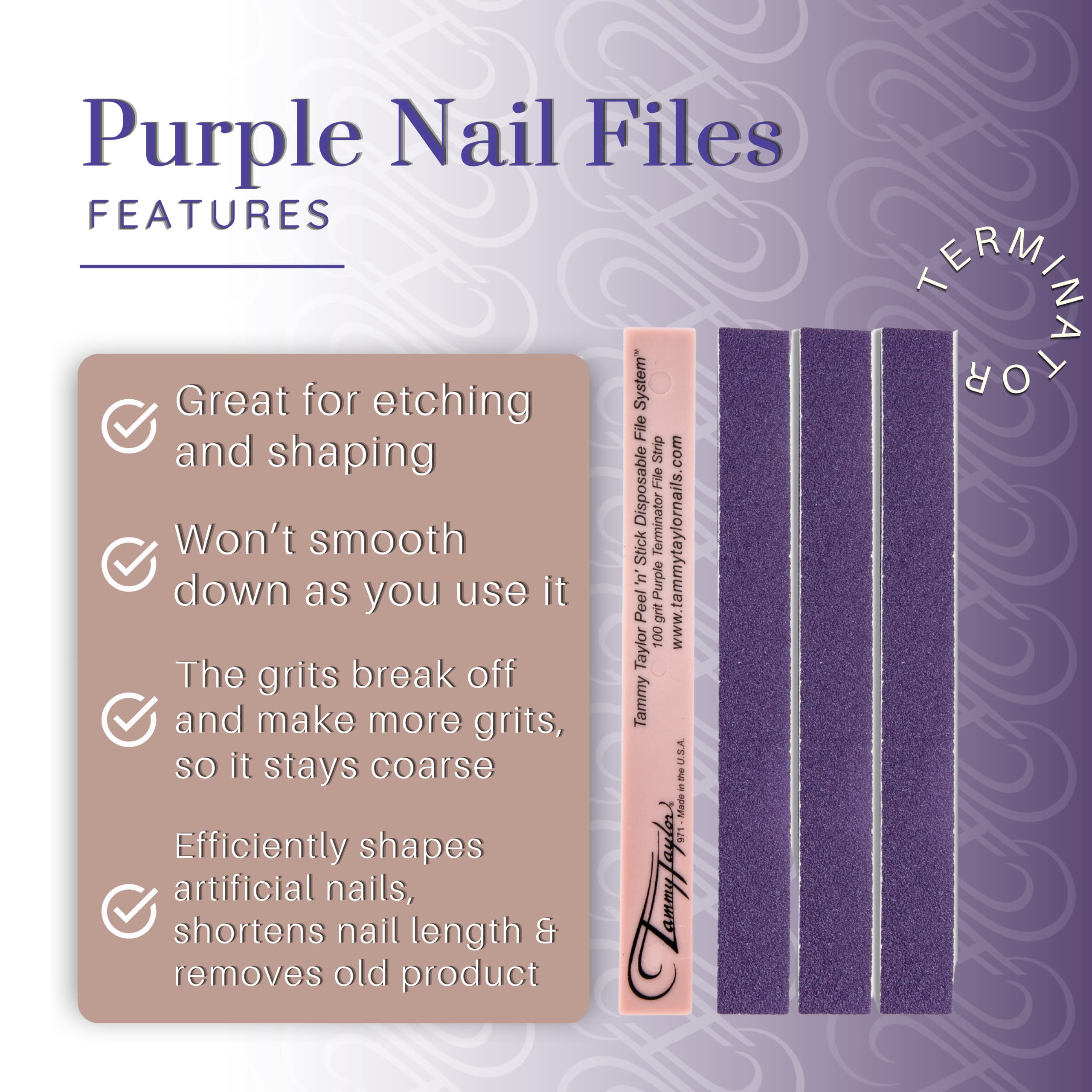 Tammy Taylor Peel N' Stick Purple Terminator 100g File | Professional, Salon Grade Manicure File | Washable & Disinfectable with Emery Board | 25 Pack