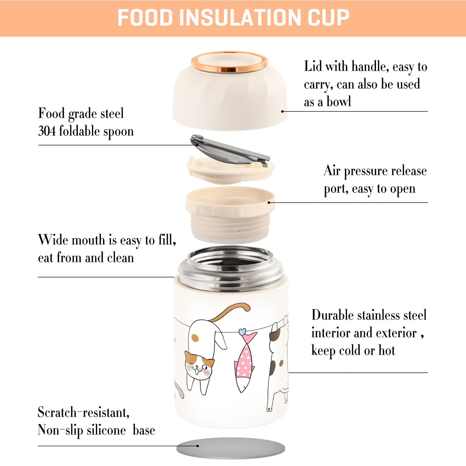 CUPADA Cute Cat Fish Food Jar, Funny Kittens Insulated Hot Food Jars Vacuum 17OZ with Folding Spoon for Work Trip Picnic Camping
