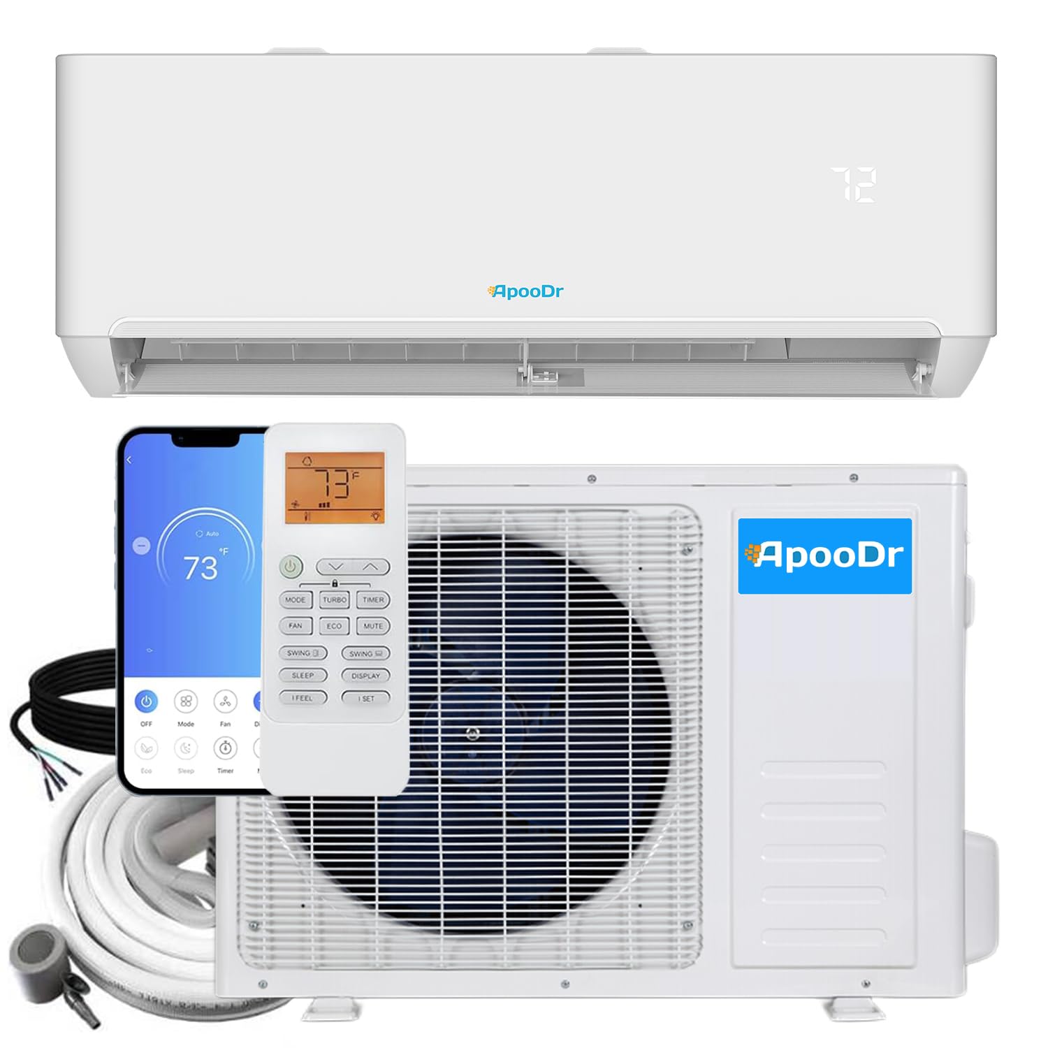 ApooDr AT-Pro Series 12,000 BTU 22 SEER2 Mini Split Air Conditioner Ductless Inverter System with Heat Pump 110V,Energy-Star Wi-Fi with 16 Ft. Kit